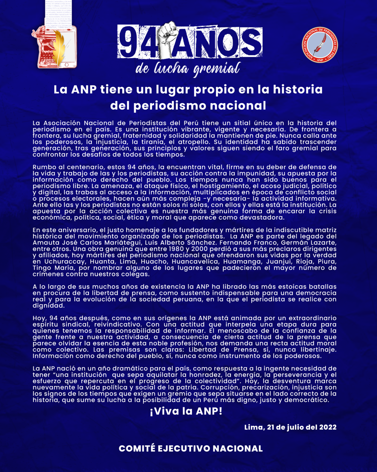 94 años de lucha gremial: La ANP tiene un lugar propio en la historia ...